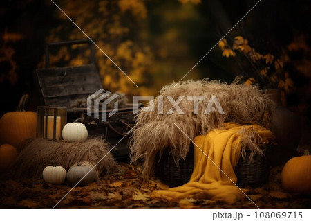 Pumpkin decoration with hay stacks. Halloween...のイラスト素材 [108069715] - PIXTA