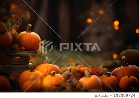 Pumpkin decoration with hay stacks. Halloween...のイラスト素材 [108069724] - PIXTA