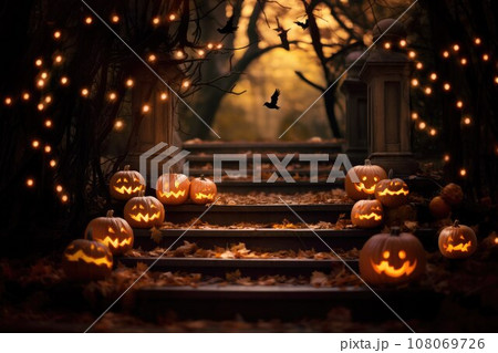 Pumpkin decoration with hay stacks. Halloween...のイラスト素材 [108069726] - PIXTA