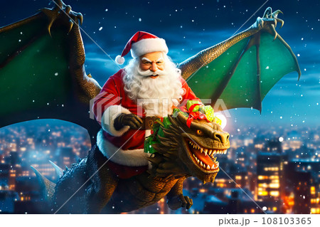 Delivery of gifts when Santa ride a dragon. New...のイラスト素材 [108103365 ...
