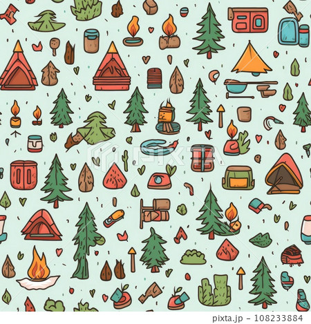 Cute hand drawn seamless pattern with camping...のイラスト素材 [108233884] - PIXTA