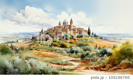 Watercolor painting of Tuscany view, ai generatedのイラスト素材 [108286760 ...