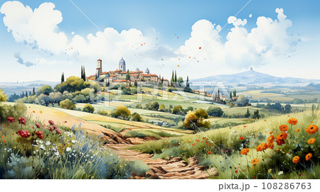 Watercolor painting of Tuscany view, ai generatedのイラスト素材 [108286763 ...