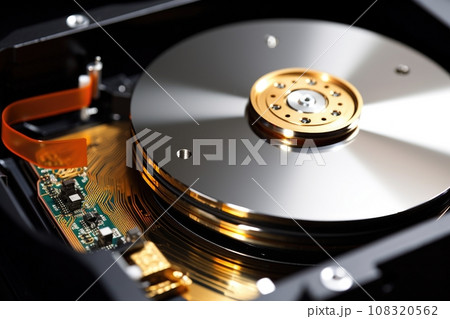 open hard drive revealing metallic disk insideのイラスト素材 [108320562] - PIXTA