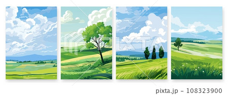 Early spring cartoon landscape posters. Green...のイラスト素材 [108323900] - PIXTA