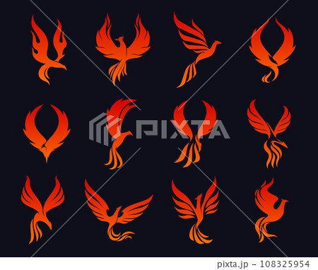 Phoenix bird icons, eagle fire silhouette...のイラスト素材 [108325954] - PIXTA