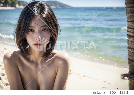 波打ち際で裸姿の女性のグラビア撮影（AI生成画像）のイラスト素材 [108333139] - PIXTA