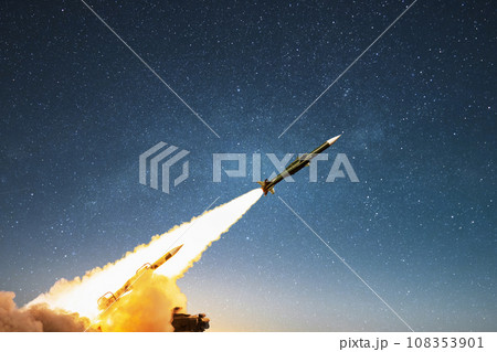 Nuclear missile with smoke and blast launching towards the target on ...