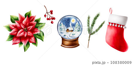 Watercolor set of christmas poinsettia holly...のイラスト素材 [108380009] - PIXTA