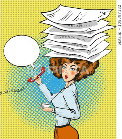Vector illustration of busy woman in retro pop...のイラスト素材 [108397182 ...