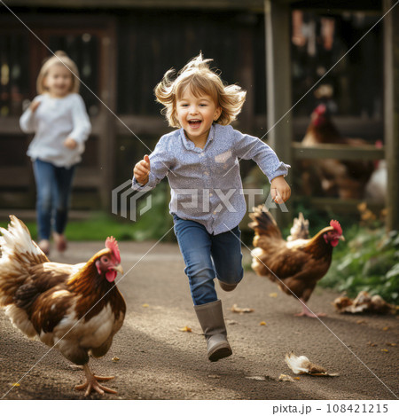 child chasing chickensのイラスト素材 [108421215] - PIXTA
