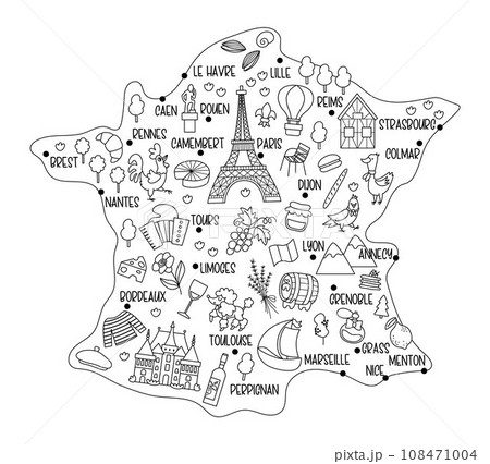 Vector France map. Cartoon postcard with French...のイラスト素材 [108471004 ...