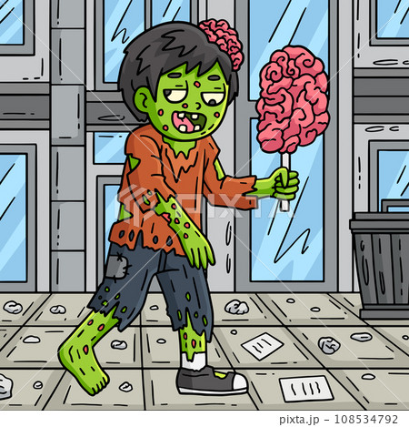Zombie Eating Brain on a Stick Colored Cartoon のイラスト素材 [108534792] - PIXTA