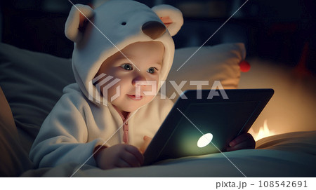 Child Looking Cartoons on Tablet in Bedのイラスト素材 [108542691] - PIXTA