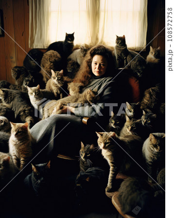Crazy cat lady sitting in chair with many cats...のイラスト素材 [108572758 ...