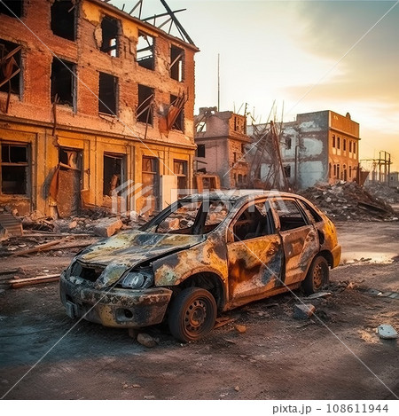 an old car that has been burned by fire in the...のイラスト素材 [108611944 ...