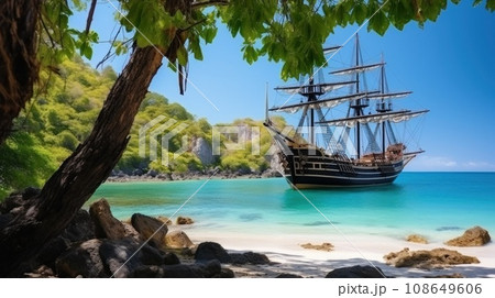 Pirate ship with lowered sails drifts on azure...のイラスト素材 [108649606 ...