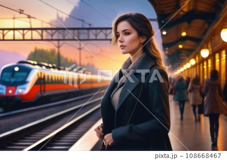 positive beautiful woman on railway station...のイラスト素材 [108668467] - PIXTA
