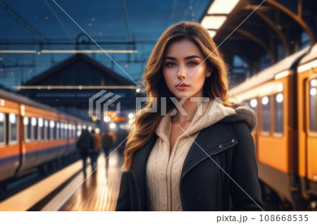positive beautiful female on railway station...のイラスト素材 [108668535] - PIXTA