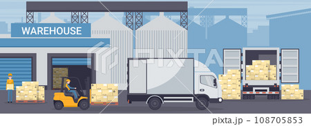 Forklift unloading pallet from cargo container...のイラスト素材 [108705853 ...
