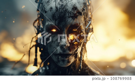 The face of a cyber zombie with glowing eyes, AIのイラスト素材 [108769988] - PIXTA