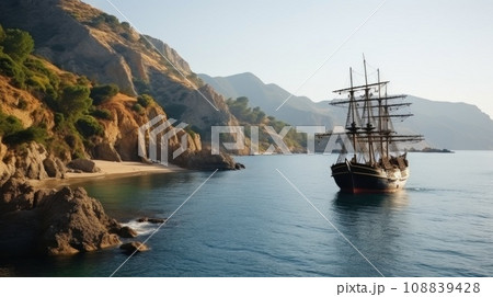 Pirate ship with lowered sails drifts on azure...のイラスト素材 [108839428 ...