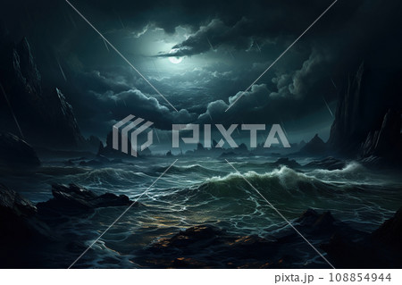 Fantasy landscape with stormy sea. 3D render...のイラスト素材 [108854944] - PIXTA