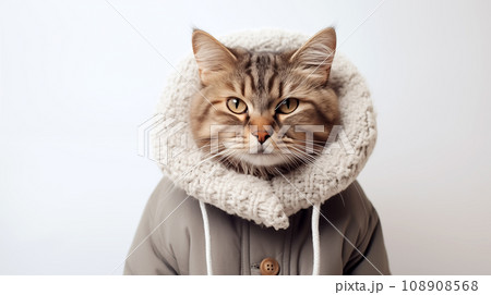 Cat in winter coat on white background. Cute...のイラスト素材 [108908568] - PIXTA