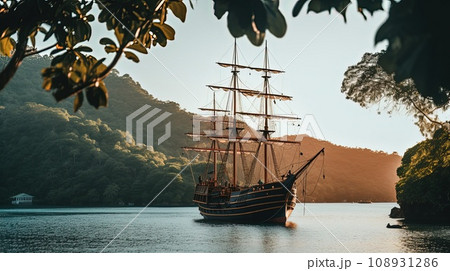 Pirate ship with lowered sails drifts on azure...のイラスト素材 [108931286 ...