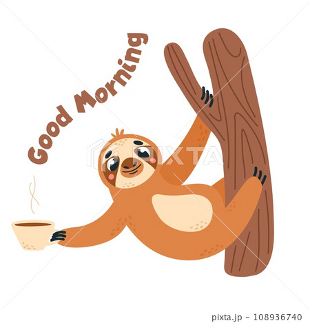Sloth and morning coffee. Funny sloth-bear...のイラスト素材 [108936740] - PIXTA