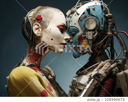 Side view of two romantic female robots hugging...のイラスト素材 [108990678 ...