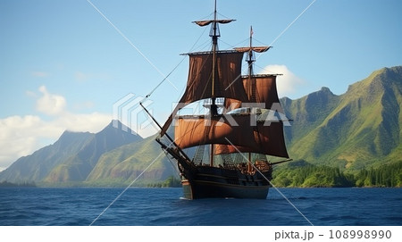 Pirate ship with lowered sails drifts on azure...のイラスト素材 [108998990 ...