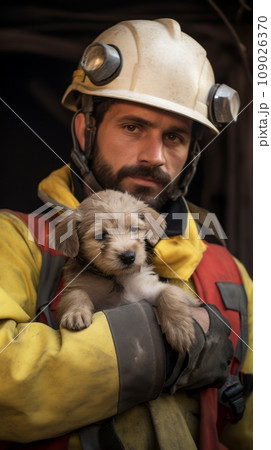 A rescuer holds a puppyのイラスト素材 [109026370] - PIXTA