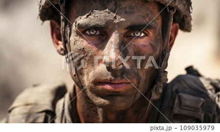 Eyes of tired soldier during war, muddy face of...のイラスト素材 [109035979 ...