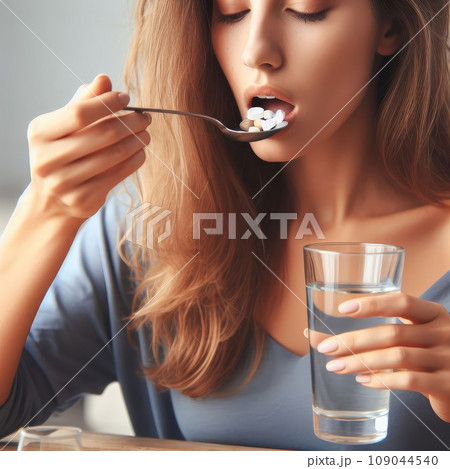 One step from death. Close up of pills in hands...のイラスト素材 [109044540 ...