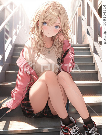 元気で活発な金髪ギャルJKのイラスト素材 [109104314] - PIXTA