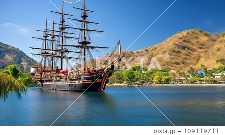 Pirate ship with lowered sails drifts on azure...のイラスト素材 [109119711 ...