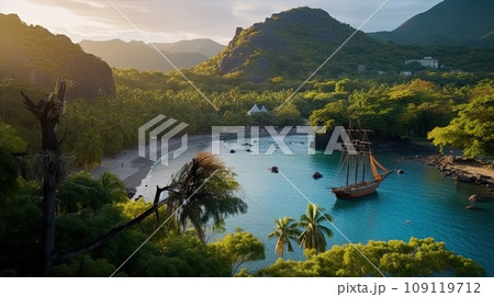 Pirate ship with lowered sails drifts on azure...のイラスト素材 [109119712 ...