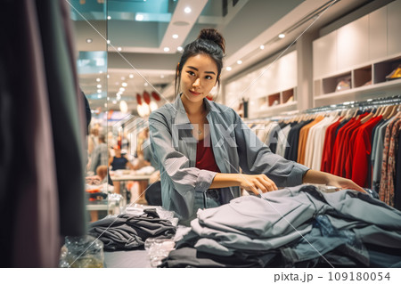 Attractive Asian female shop assistant at work...のイラスト素材 [109180054 ...