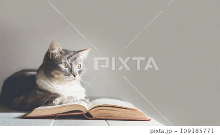 gray cat reading book, 16:9 widescreen backdrop...のイラスト素材 [109185771 ...