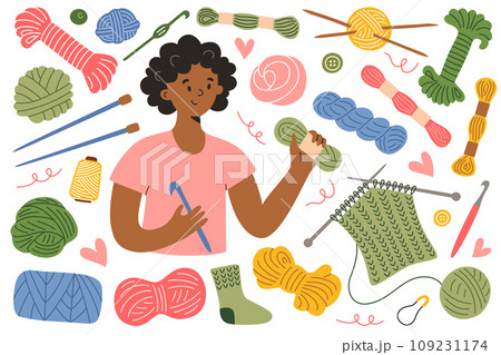 Cartoon woman knitting with wool, collection of...のイラスト素材 [109231174 ...