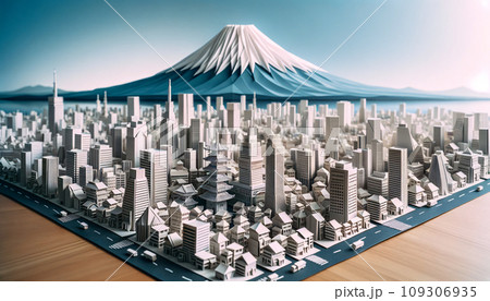 Origami Tokyo Cityscape with Distant Mount Fujiのイラスト素材 [109306935] - PIXTA