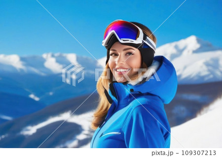 Portrait of a young smiling pretty woman skier...のイラスト素材 [109307213 ...