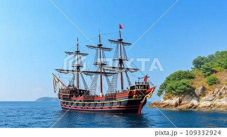 Pirate ship with lowered sails drifts on azure...のイラスト素材 [109332924 ...