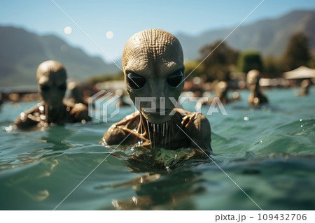 An alien swims in water on Earth, a superhuman...のイラスト素材 [109432706 ...