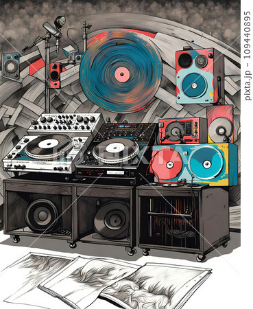 Disc jockey with music studio and dj setup with...のイラスト素材 [109440895 ...