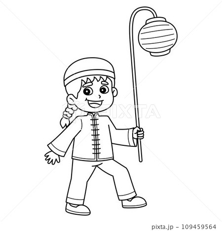 Chinese Boy with Lantern Isolated Coloring Page のイラスト素材 [109459564] - PIXTA