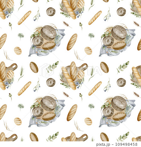 Baking bread background. Watercolor seamless...のイラスト素材 [109498458] - PIXTA