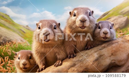 A family with baby fluffy marmots crawled out...のイラスト素材 [109588179] - PIXTA