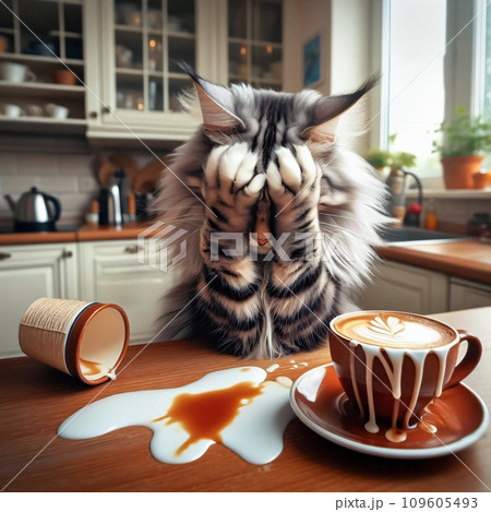 Cat makes facepalm gesture after spilling...のイラスト素材 [109605493] - PIXTA